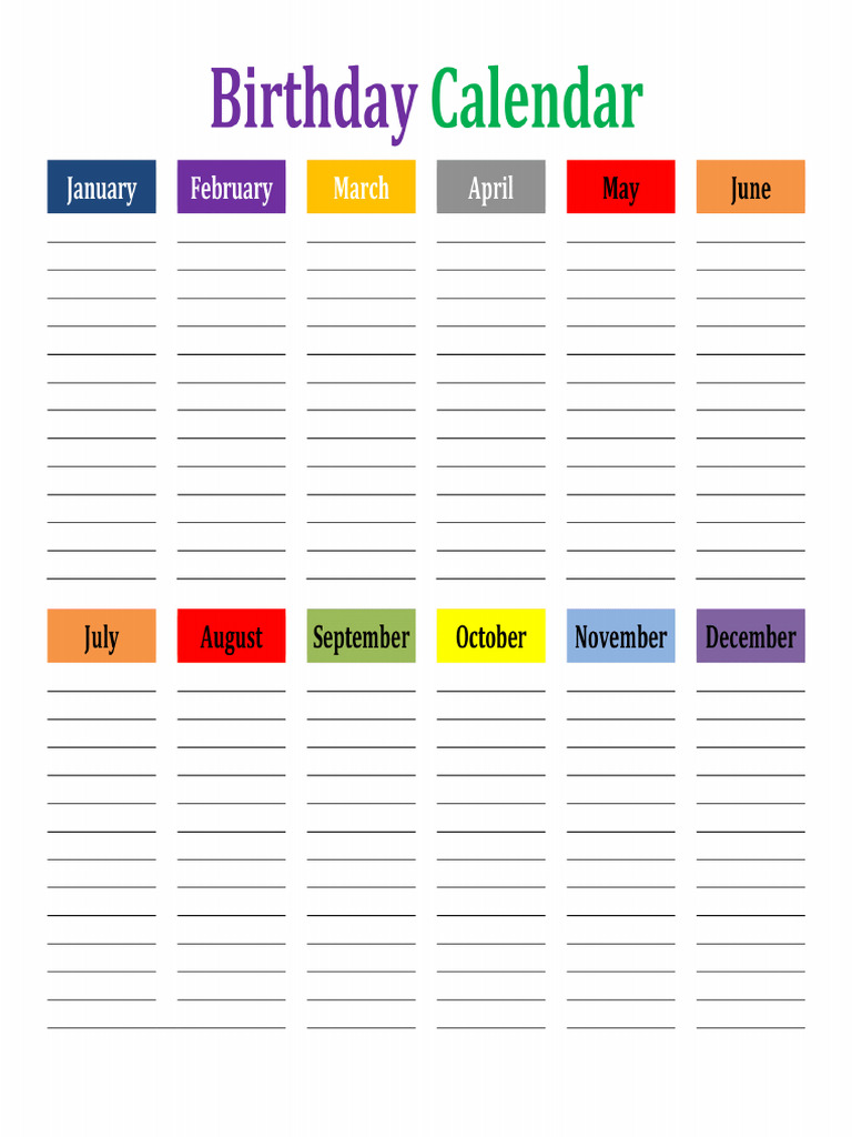 Colorful Birthday Calendar Landscape | PDF