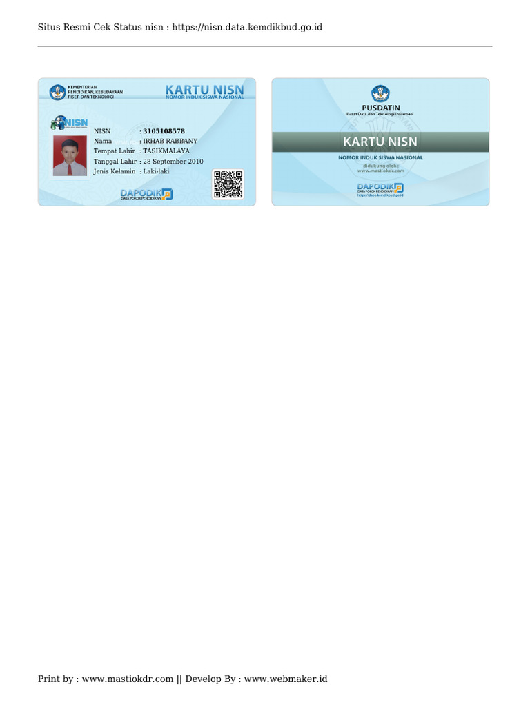 Cetak Kartu Nisn IRHAB RABBANY | PDF
