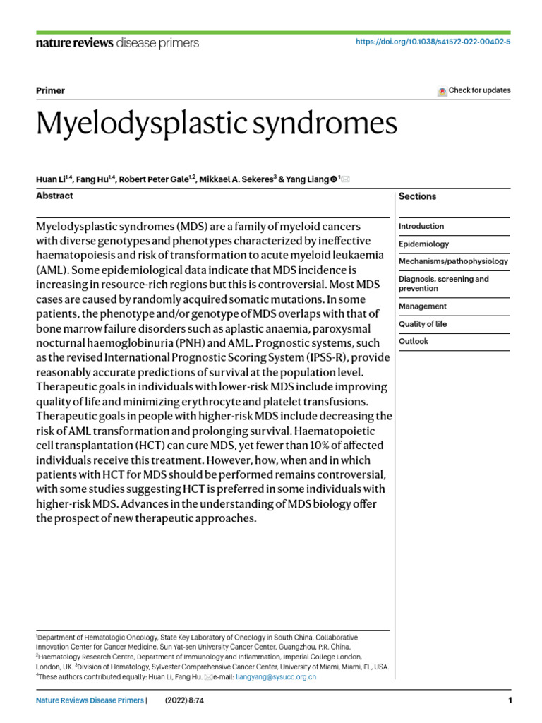 Myelodysplastic Syndromes - Nature (2022) | PDF | Causes Of Death ...