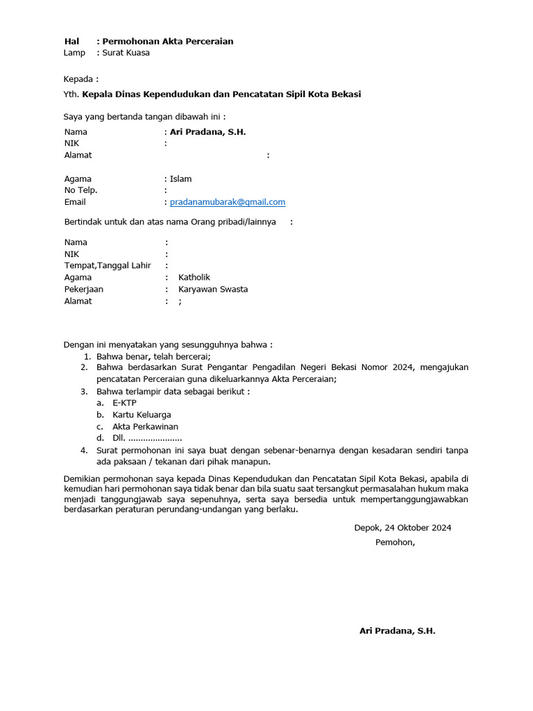 Draft Permohonan Akta Cerai Dukcapil Jabar | PDF | Hukum | Agama ...