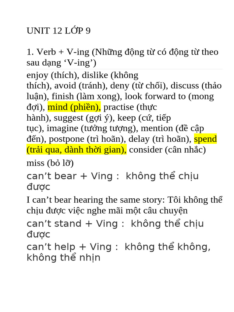 Lý Thuyết Verb to Ving | PDF