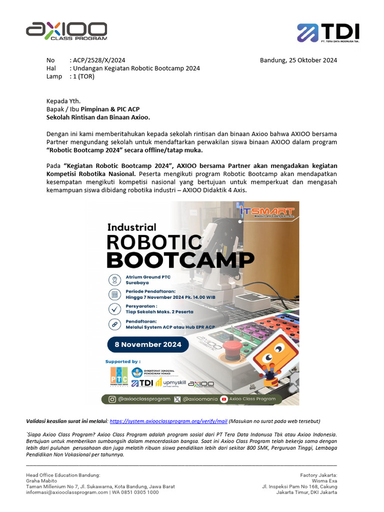 Undangan Kegiatan Robotic Bootcamp 2024 | PDF
