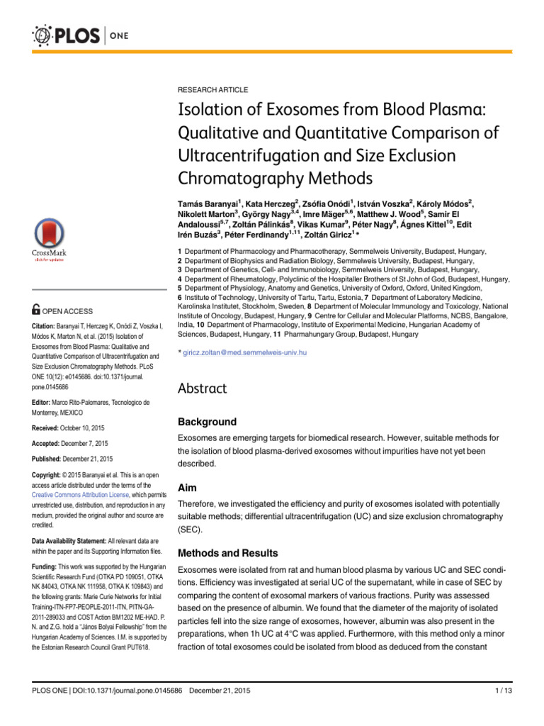Isolation of Exosomes From Blood Plasma | PDF | Centrifugation