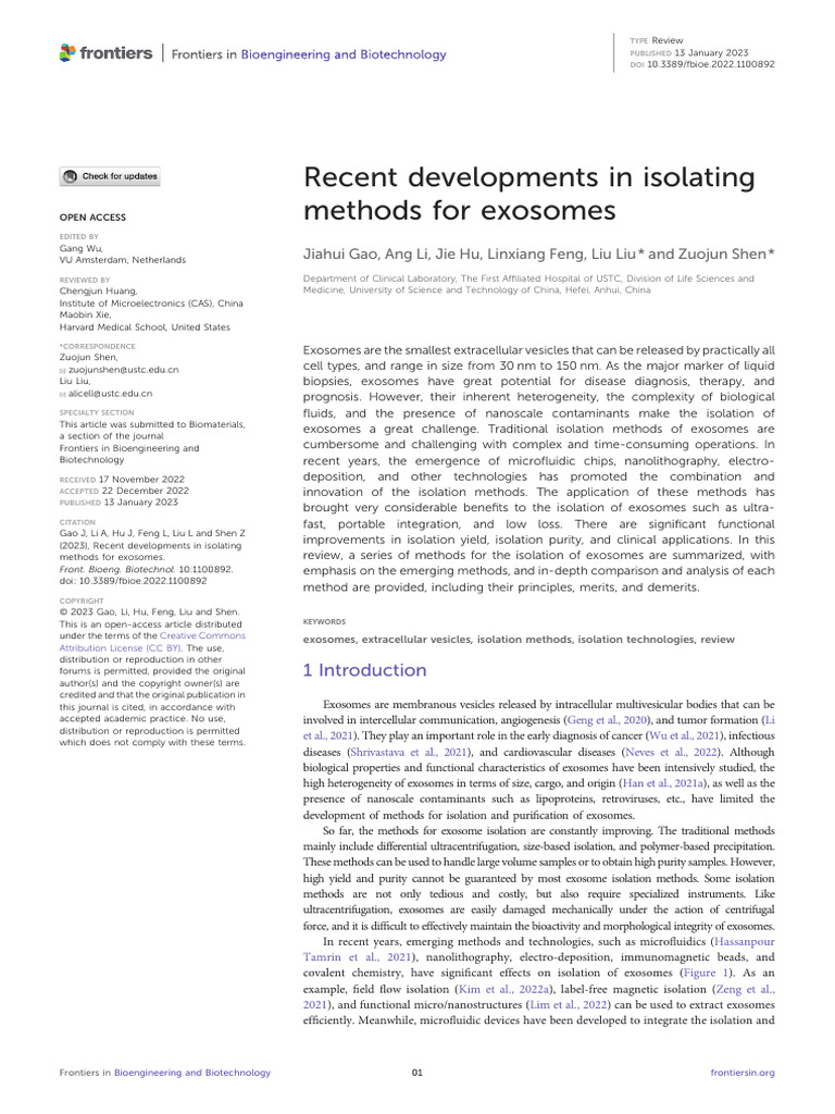 Recent Developments in Isolating Methods For Exosomes | PDF | Microfluidics | Centrifugation