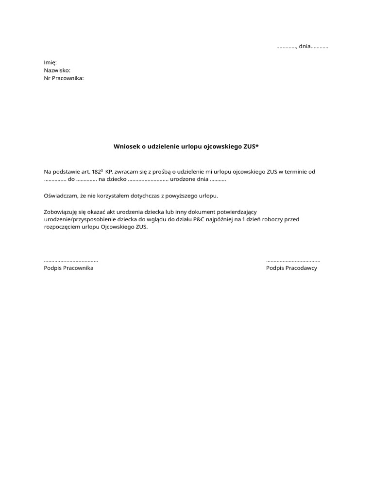 Wniosek o Urlop Ojcowski ZUS | PDF