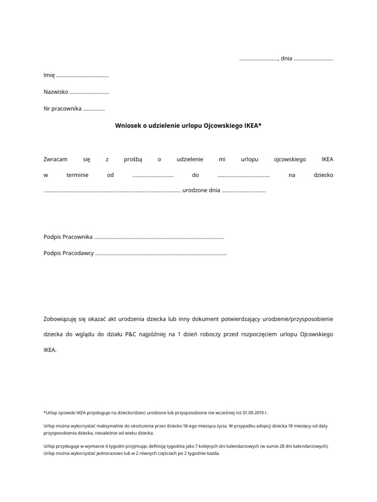Wniosek o Urlop Ojcowski IKEA | PDF