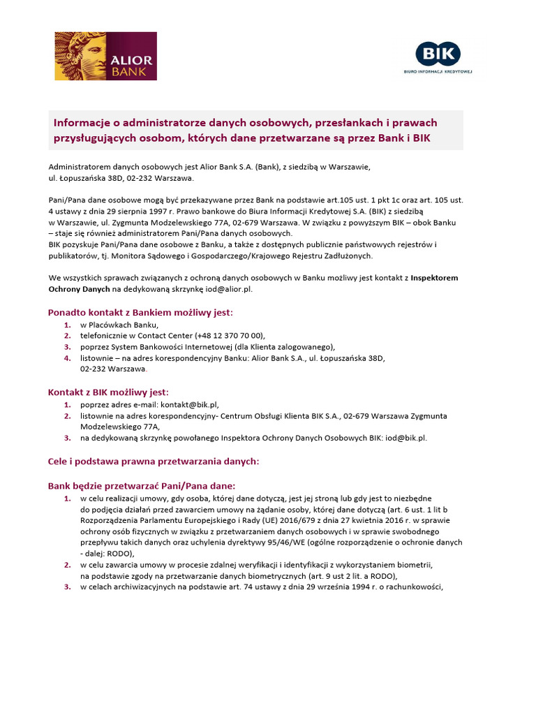 Klauzula Informacyjna Przetwarzanie Danych Osobowych | PDF