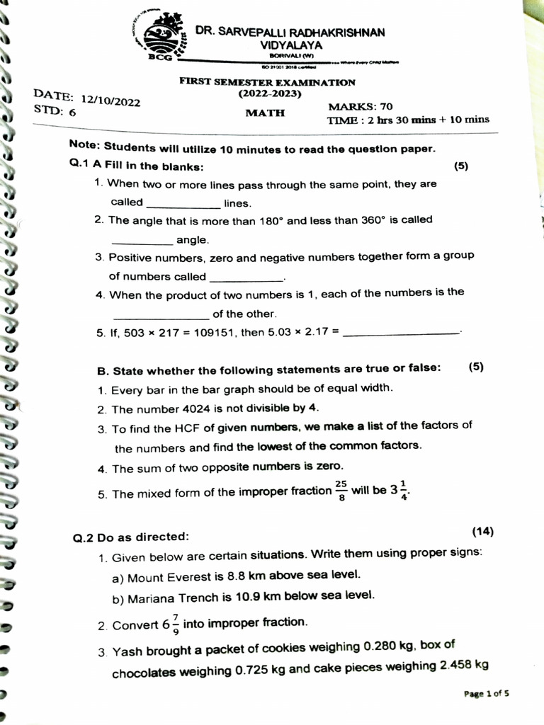 6th Grade Math Exam Paper 2022-23 | PDF | Mathematics | Arithmetic