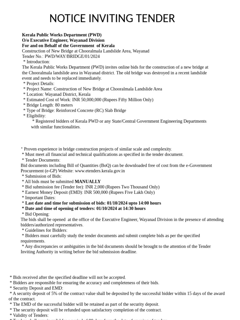 Tender for Chooralmala Bridge Construction | PDF | Business | Finance ...