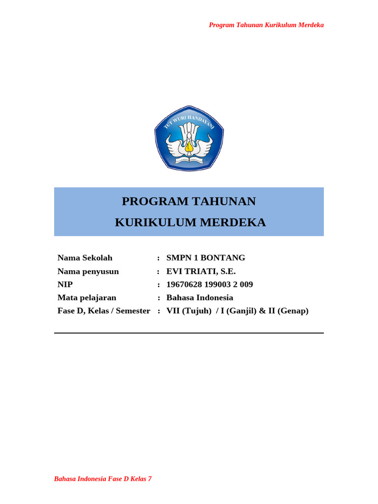 Program Tahunan Bahasa Indonesia Kelas 7 | PDF