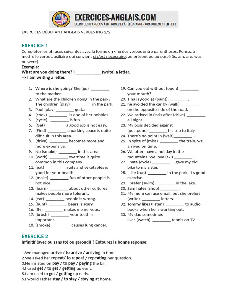 Exercices Anglais Verbes ING Débutant | PDF