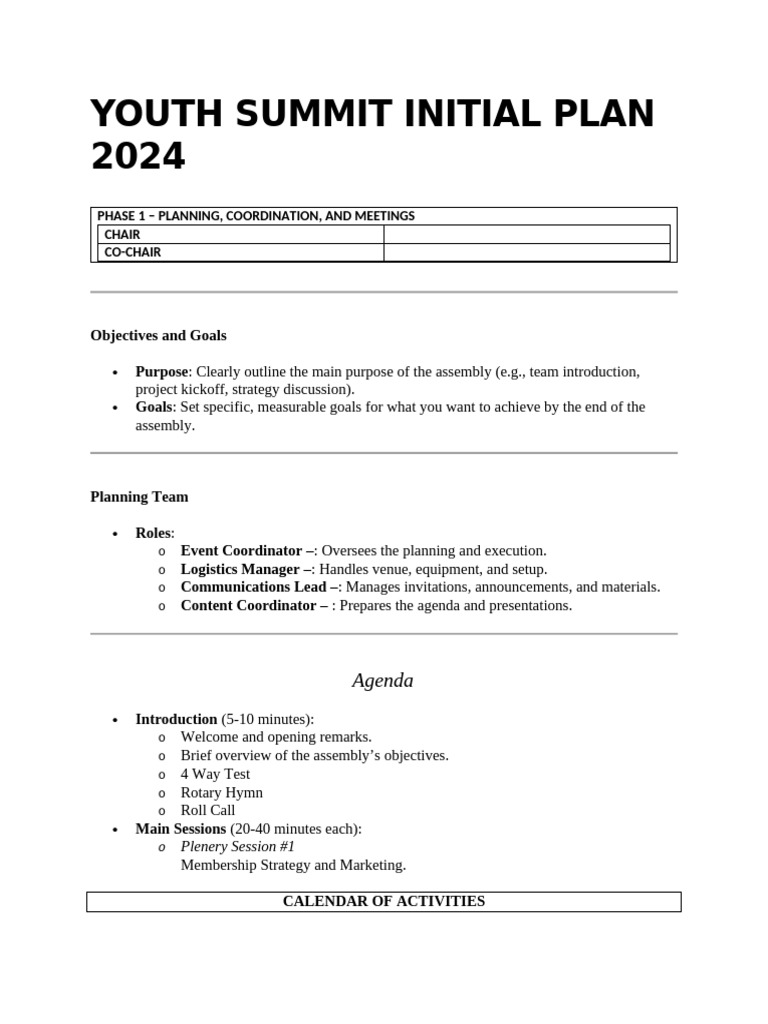 YOUTH SUMMIT INITIAL PLAN 2024 | PDF | Agenda (Meeting)