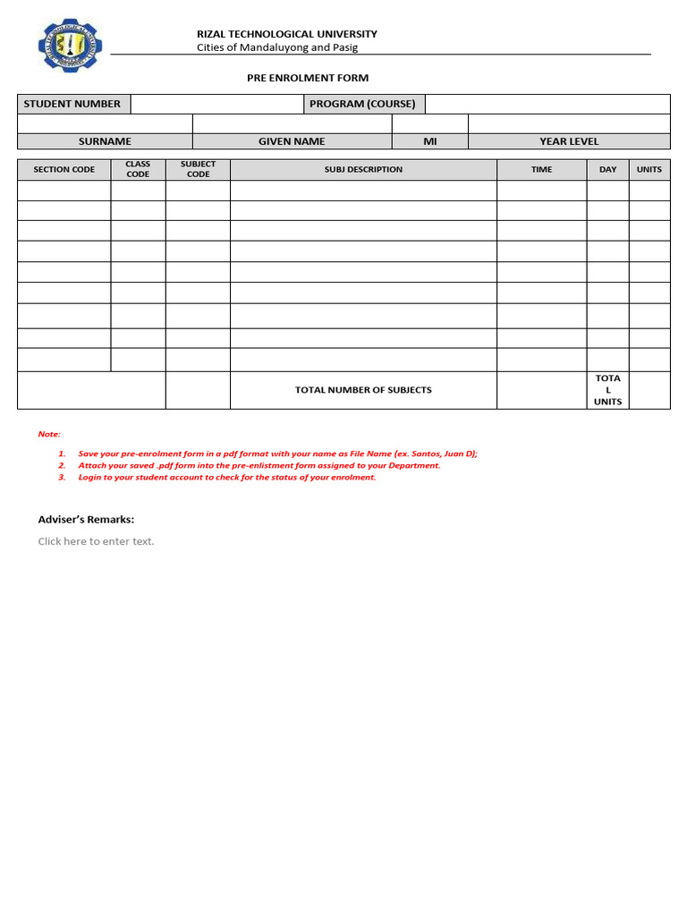 RTU Pre-Enrolment Form Guide | PDF | Computers