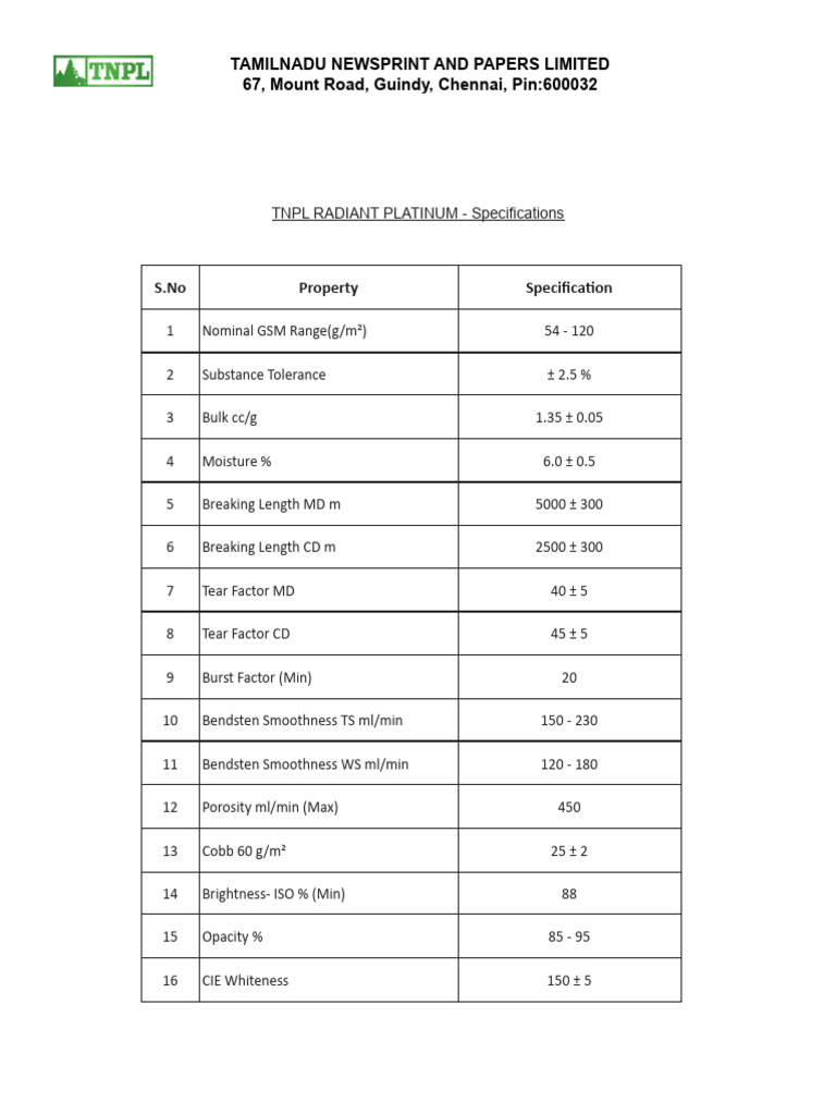 TNPL RADIANT PLATINUM Specifications | PDF