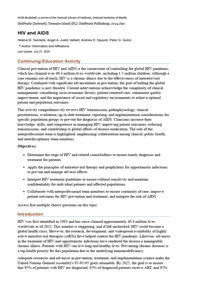 HIV and AIDS - StatPearls - NCBI Bookshelf | PDF | Virus | Hiv