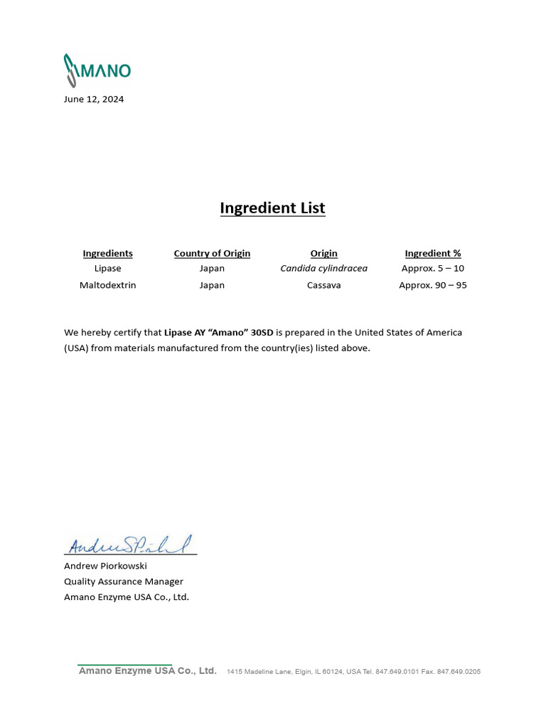 Ingredient Statement-Lipase AY Amano 30SD | PDF | Wellness