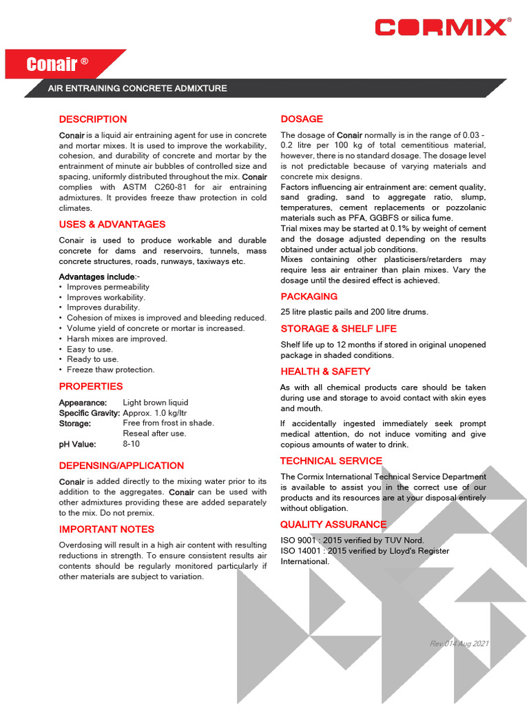 TDS-EN-Conair - Rev 014-Aug 21 | PDF | Concrete | Cement