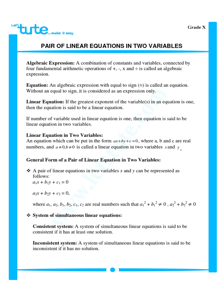 15.1 17 - System of Pair of Linear Equation - Summary PDF | PDF ...