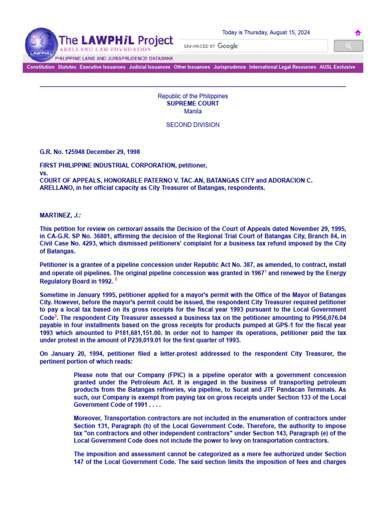 1.) First Philippine Industrial Corp vs. CA (G.R. No. 125948) | PDF ...