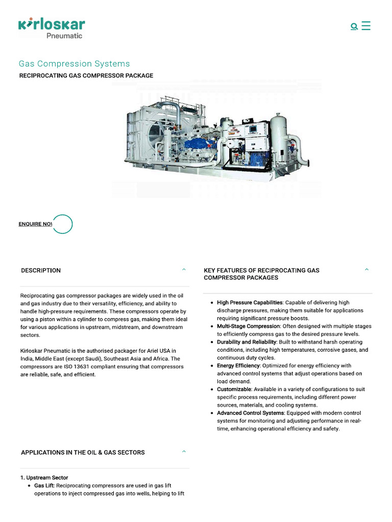 Reciprocating Gas Compressor Package - Kirloskar Pneumatic | PDF