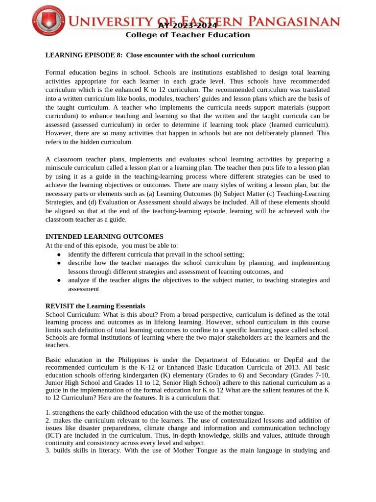 FS 1 Learning Episode 8 | PDF | Curriculum | Educational Assessment