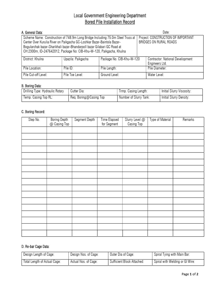 Bored Pile Installation Record | PDF | Deep Foundation | Concrete