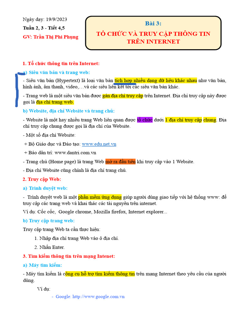 Tiet 4 5 Bai 3 To Chuc Va Truy Cap Thong Tin Tren Internet HS | PDF
