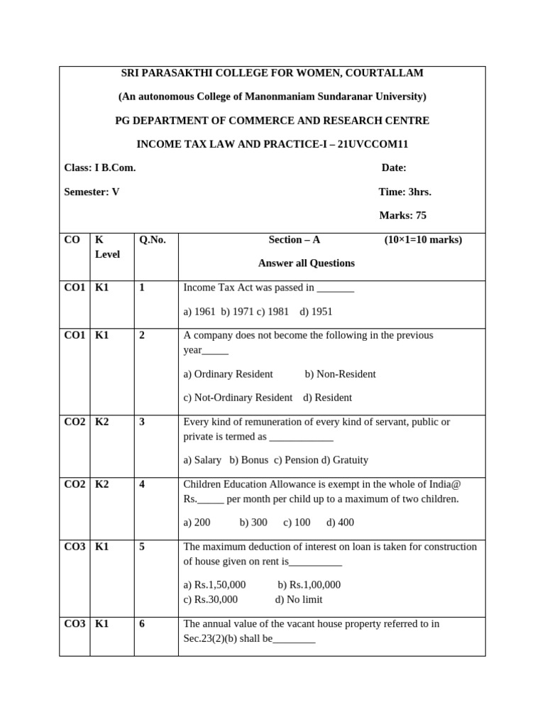Income Tax Law and Practice Exam Paper | PDF | Capital Gains Tax | Income