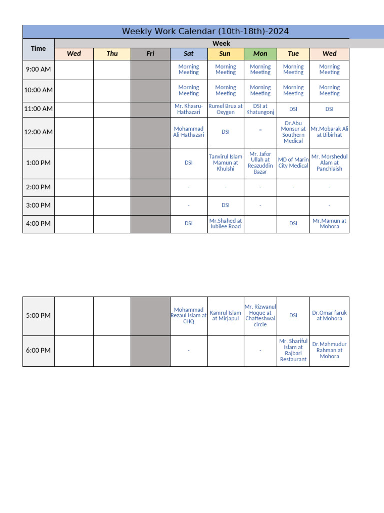 Weekly Work Calendar of Ifteker | PDF