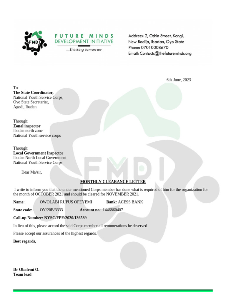 NYSC Monthly Clearance Letter Sample | PDF | Social Science