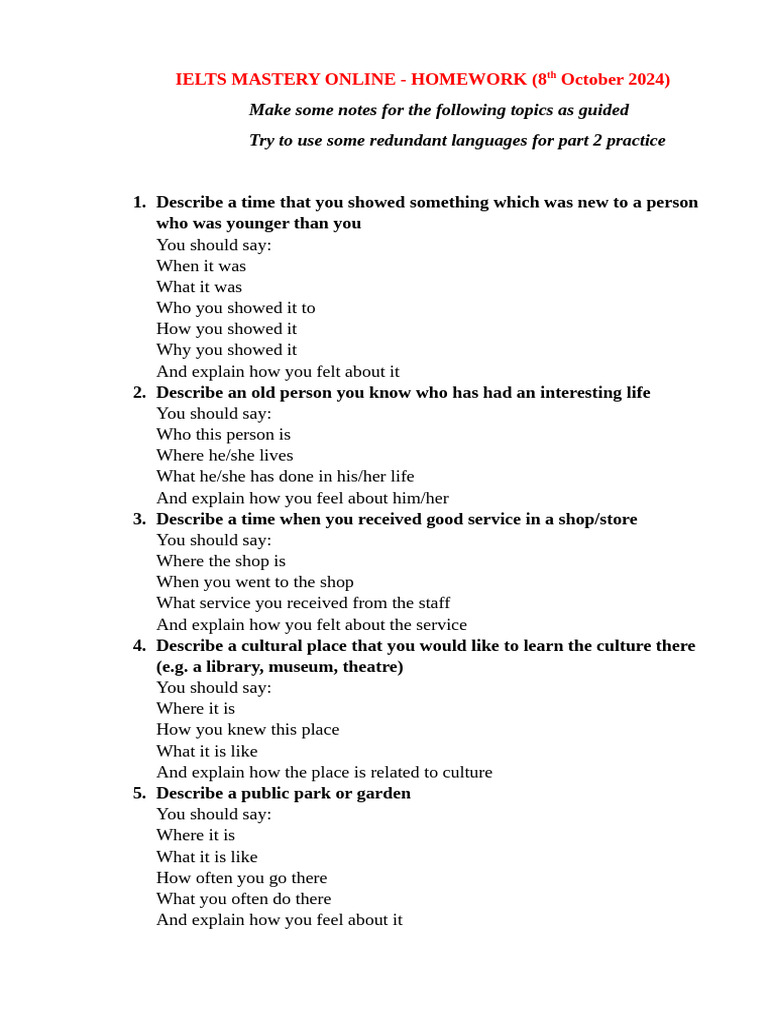 Speaking Part 2 - Homework 8th October | PDF