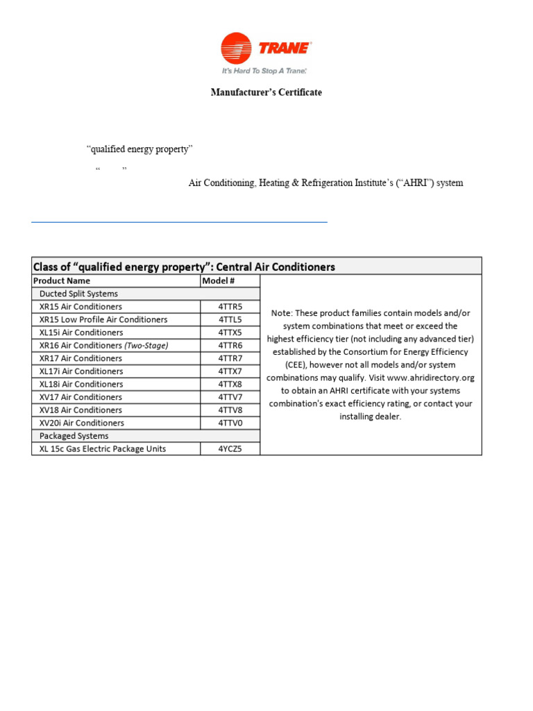 Trane AC Manufacturers Certification 2023 | PDF | Air Conditioning | Tax Credit