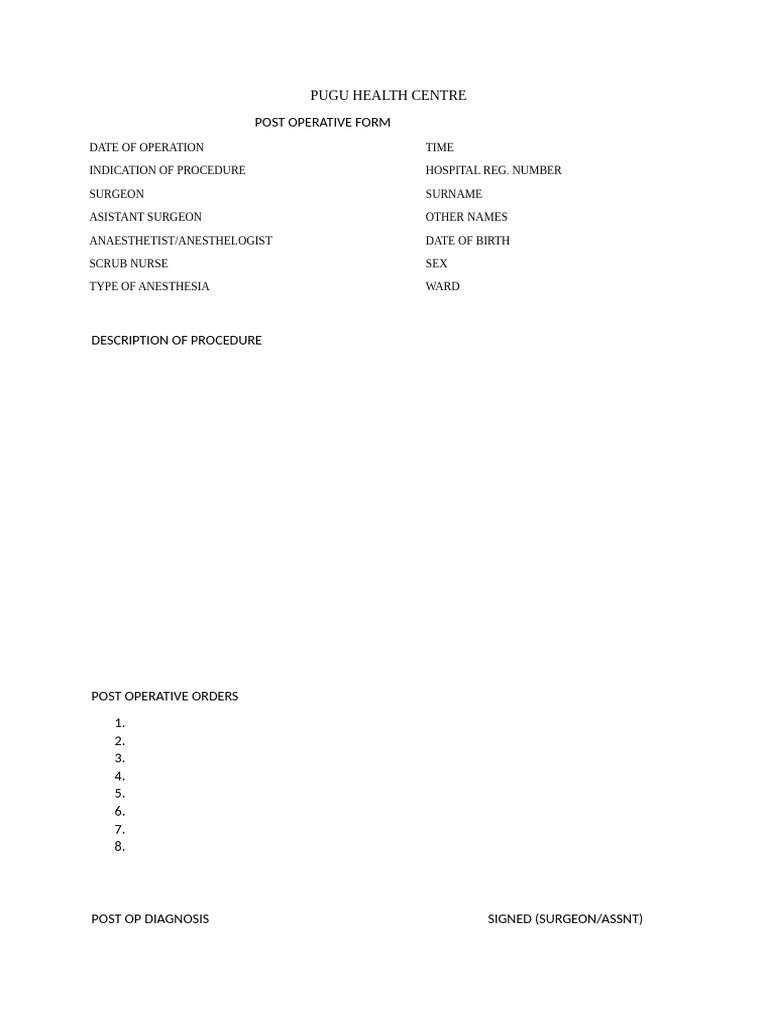 Post Operative Form | PDF