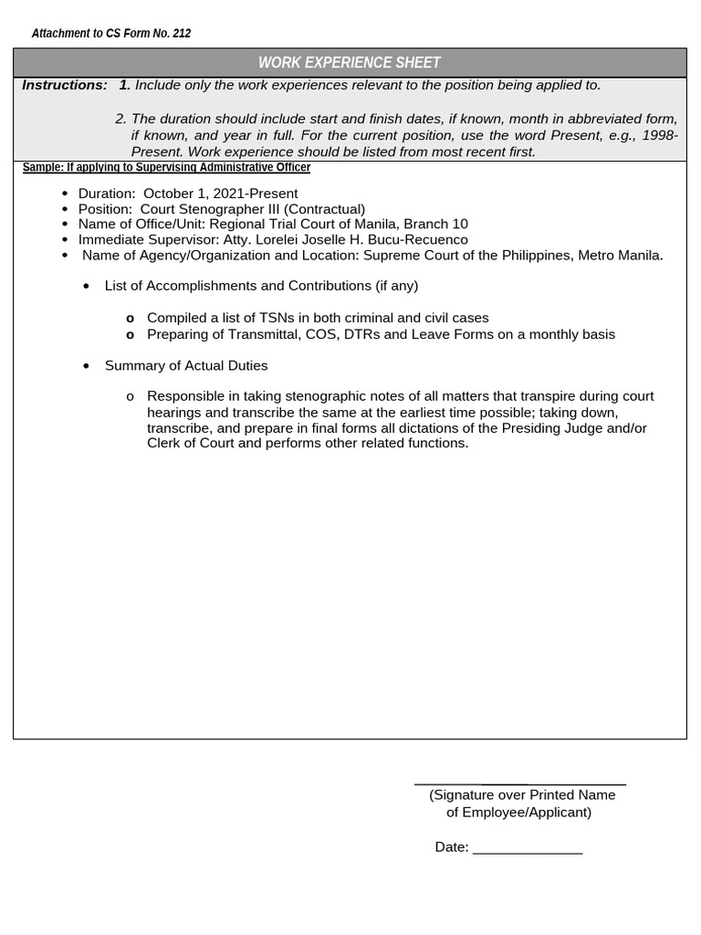 CS Form No. 212 Attachment Work Experience Sheet | PDF | Social Science ...