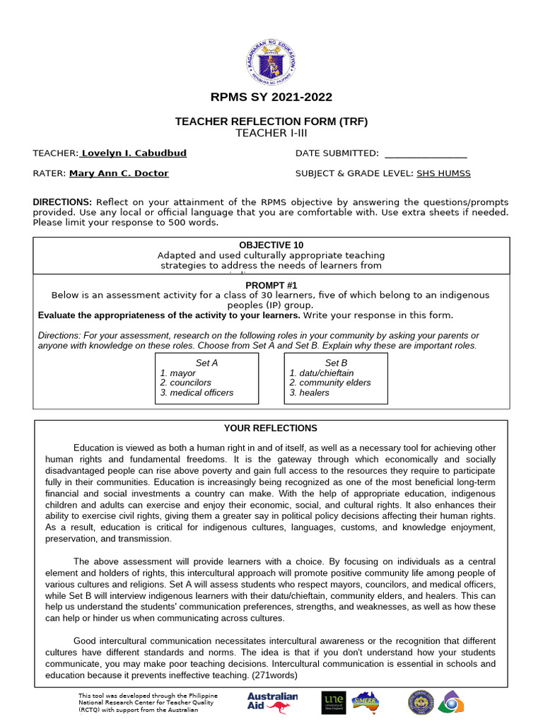 TRF Objective 10 Prompt 1 2 COT 1 2 Villanueva | PDF | Human Communication | Cognition