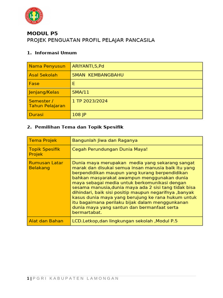 Contoh Form Modul P5 PGRI Lamongan SMA | PDF