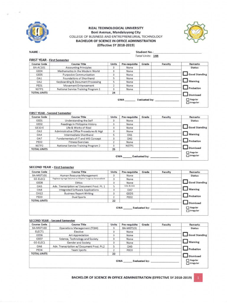 BSOA Curriculum Checklist 2018-2019 - Approved | PDF