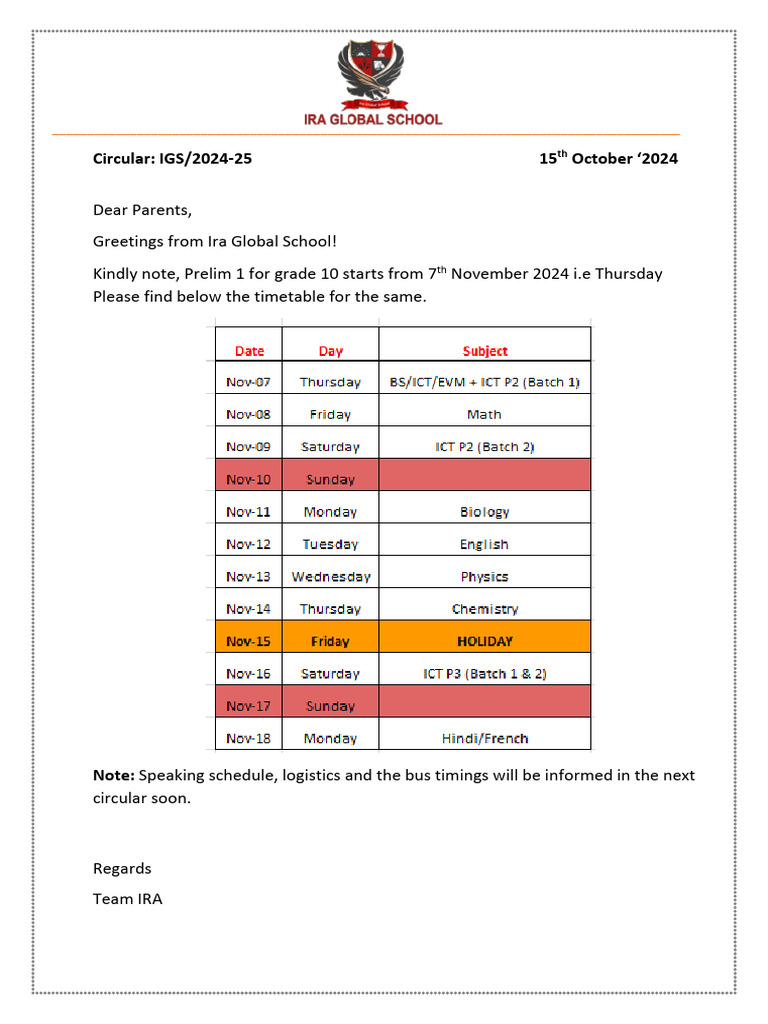 GR 10 Prelim 1 Schedule 24-25 | PDF