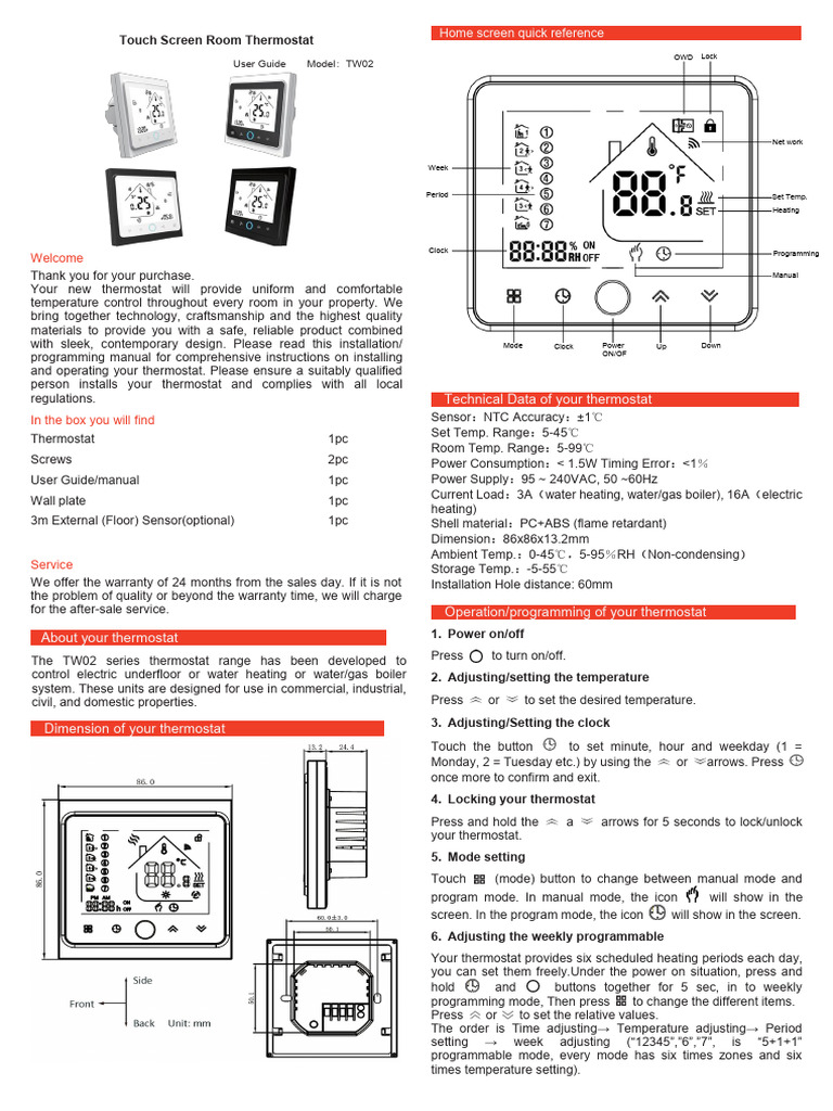 TW02 WiFi Thermostat Manual | PDF | Thermostat | Temperature