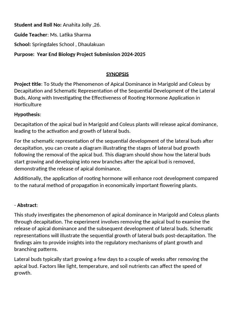 Anahita Jolly Class 12B - Biology Project Synopsis | PDF | Auxin | Root