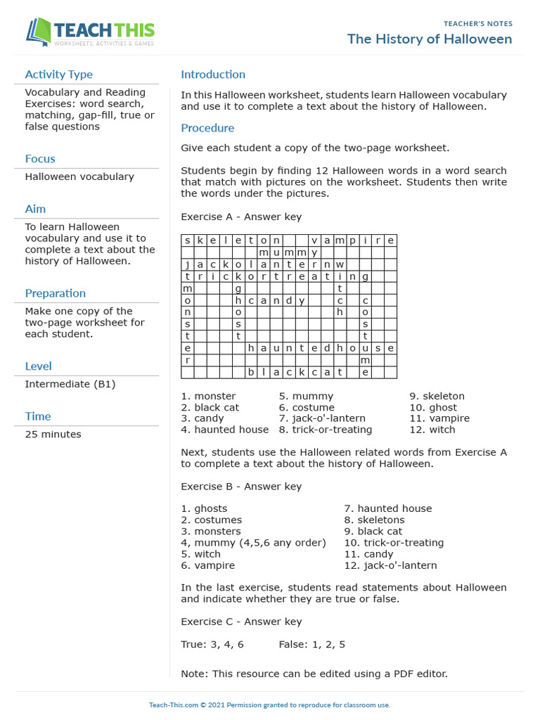 Halloween Vocabulary and History Worksheet | PDF | Halloween | Trick Or ...