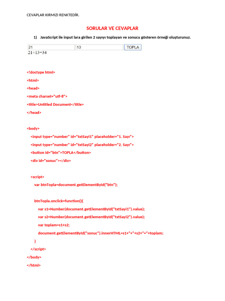 Quiz Hazırlık JS SORU VE CEVAPLAR | PDF