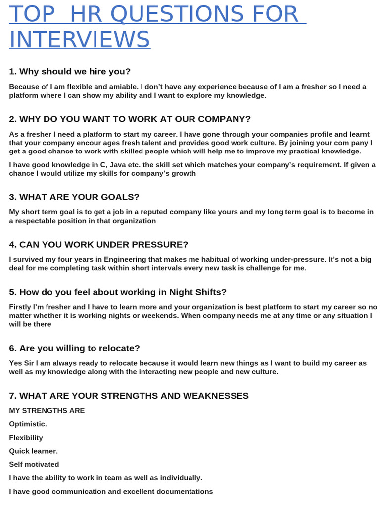 Top HR Questions For Interviews | PDF | Creativity | Cognitive Psychology