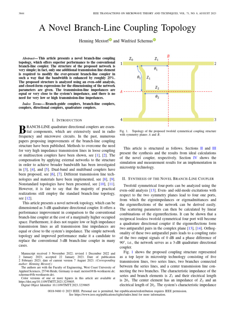 A Novel Branch-Line Coupling Topology | PDF | Transmission Line ...