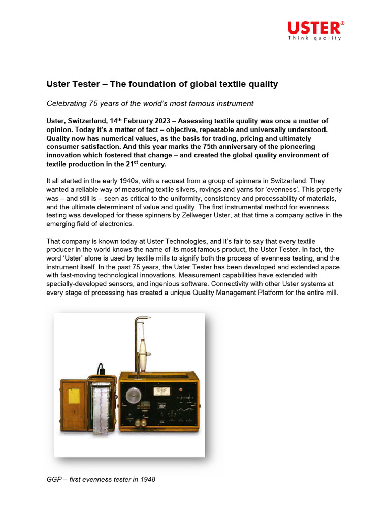 Uster Press Release The Foundation of Gloabl Textile Quality | PDF | Textiles