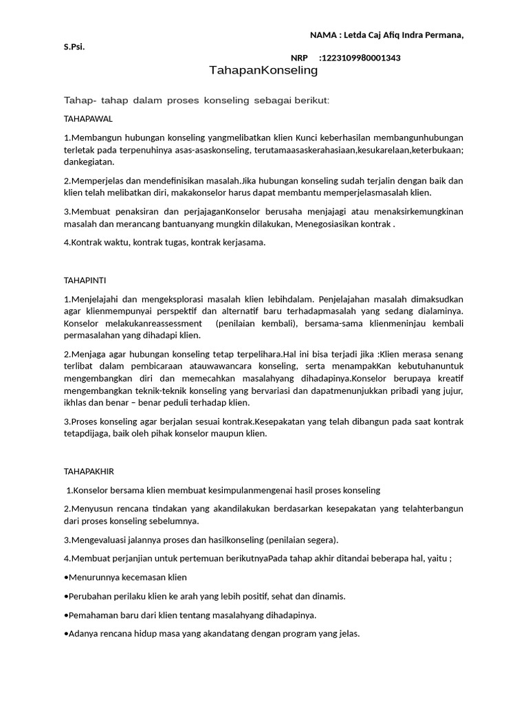 Tahapan Konseling - LTD Caj Afiq Indra Permana - S.Psi. | PDF