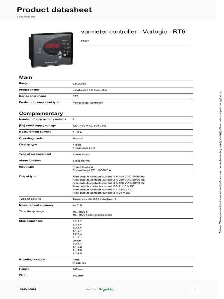 Schneider Electric Varlogic Power Factor Controller 51207 | PDF ...