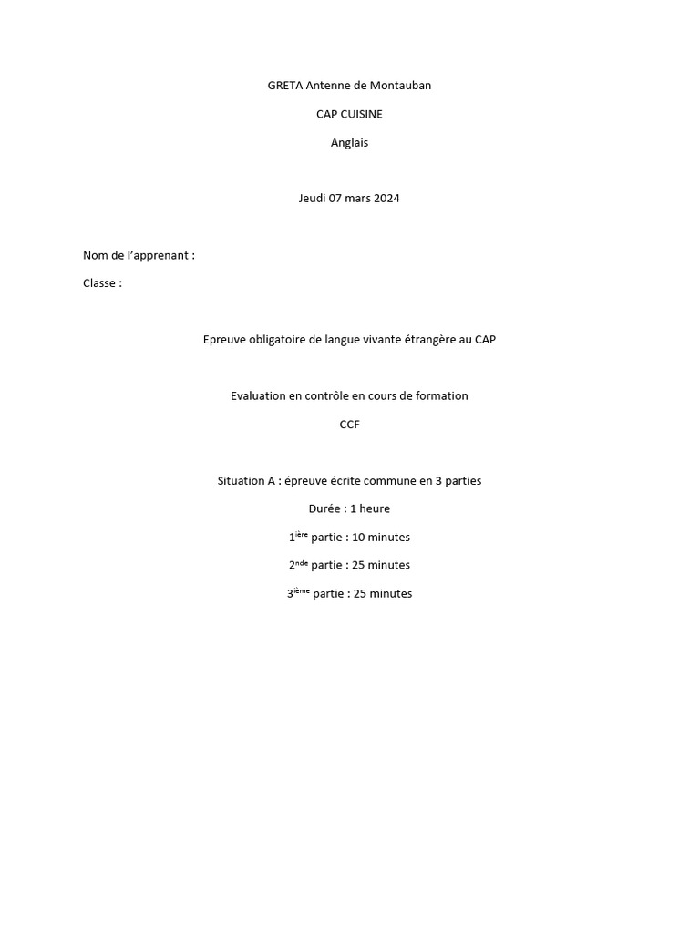 Épreuve d'anglais CAP Cuisine 2024 | PDF