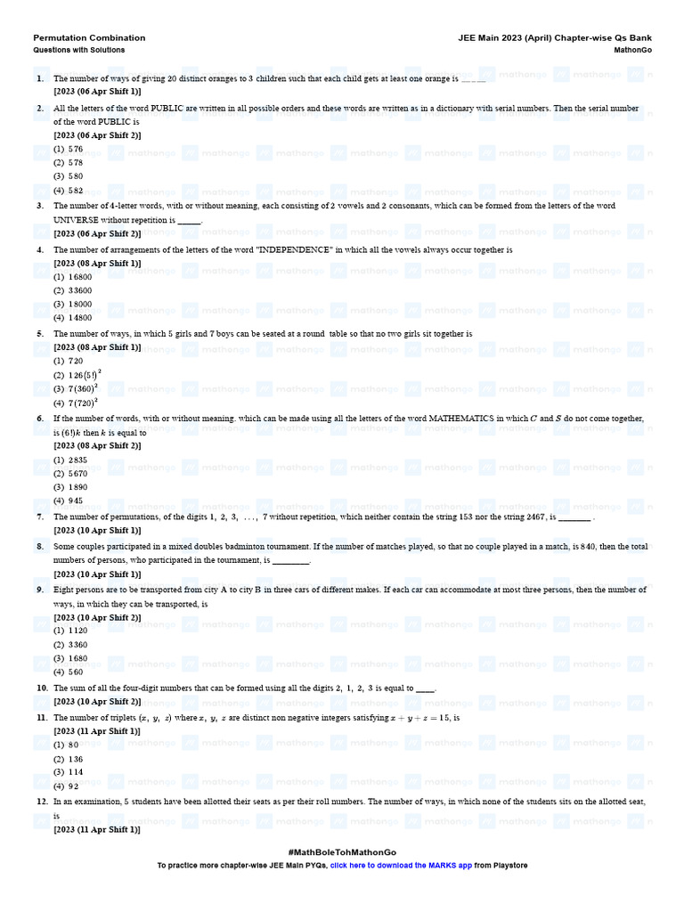 Permutation Combination - JEE Main 2023 April Chapterwise PYQ - MathonGo | PDF | Discrete ...
