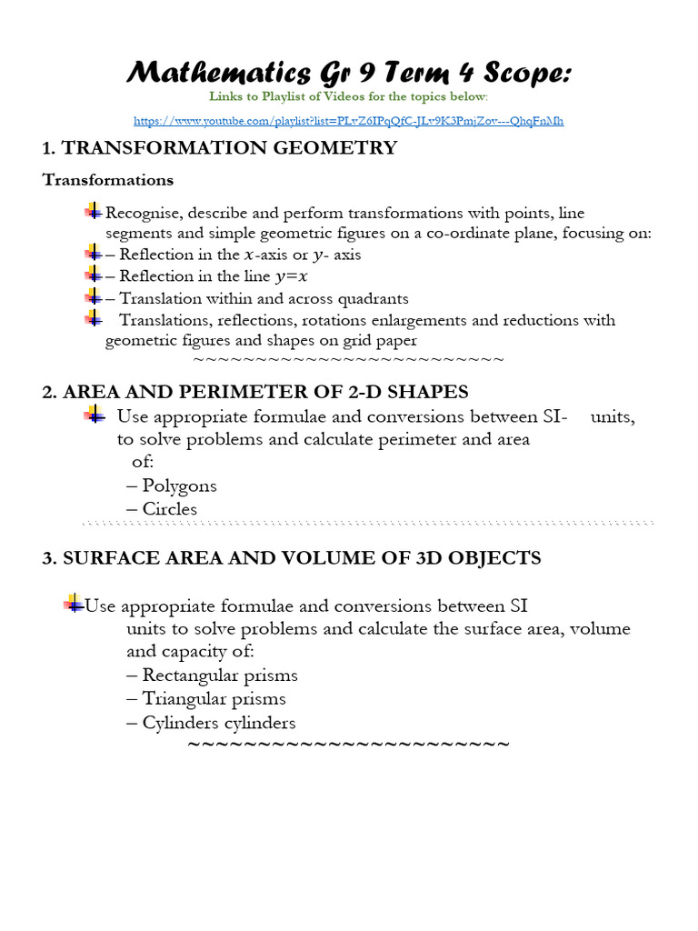 Mathematics GR 9 TERM 4 Scope 1 | PDF | Teaching Methods & Materials
